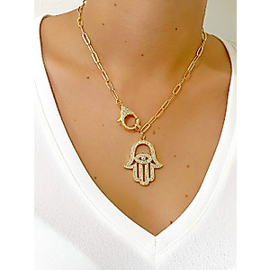 LESLIE BOULES Stunning Gold Hamsa Hand Necklace for Women 18K Gold Plated Chain Fashion Jewelry