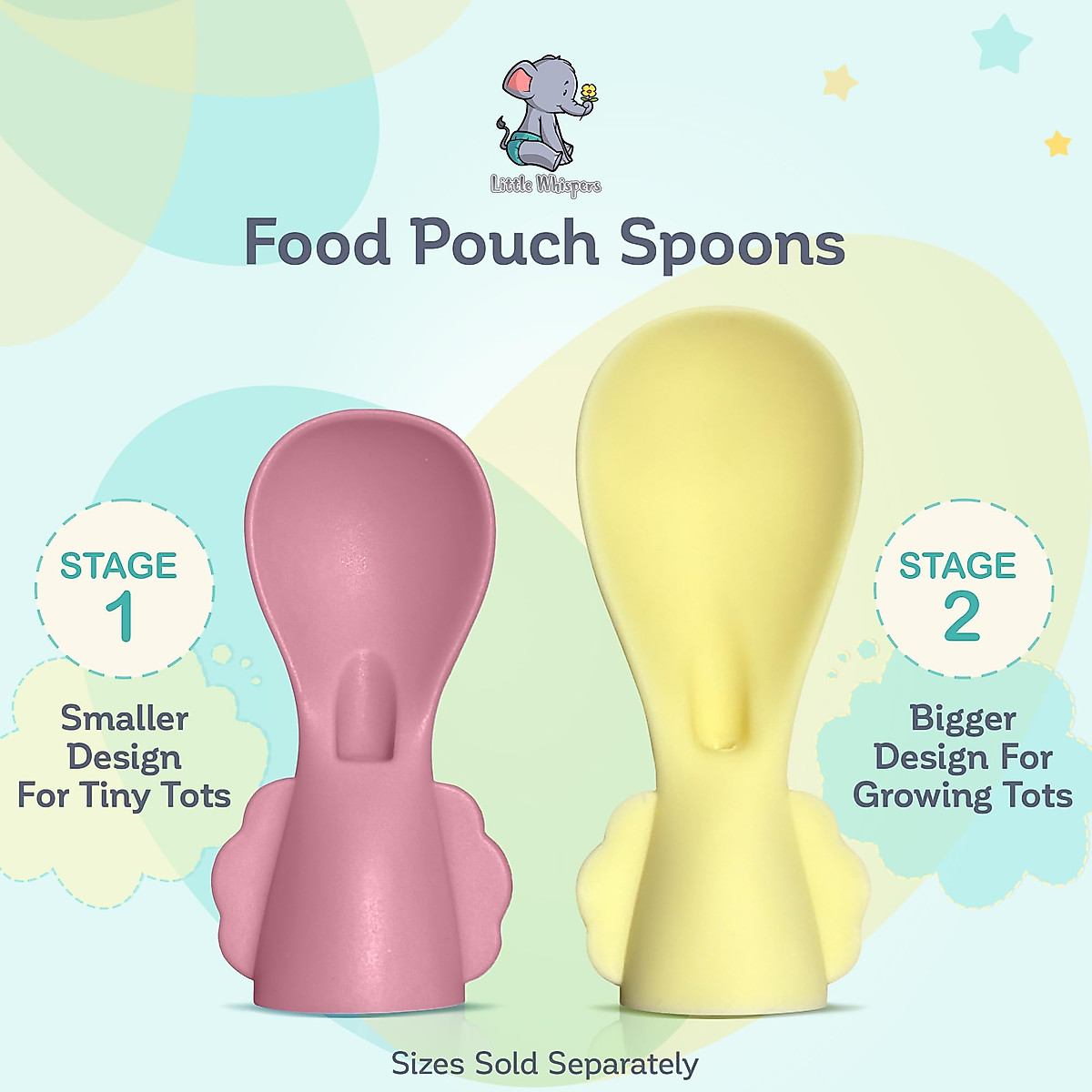 LittleWhispers Stage 1 Baby Pouch Spoon Attachment - 5 Pack Small Spoons - Travel Case Included - Silicone Baby Food Pouch Spoon Tops - Squeeze Baby Pouch Topper