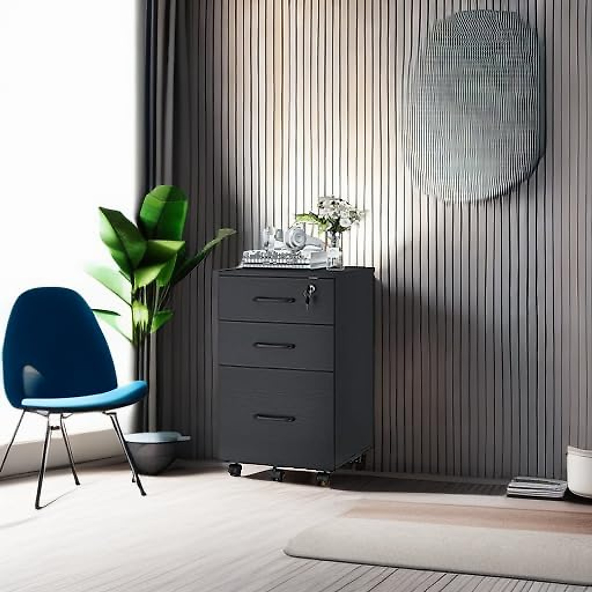 Panana 3 Drawer Wood Mobile File Cabinet, Under Desk Storage Drawers Small File Cabinet for Home Office (Black)