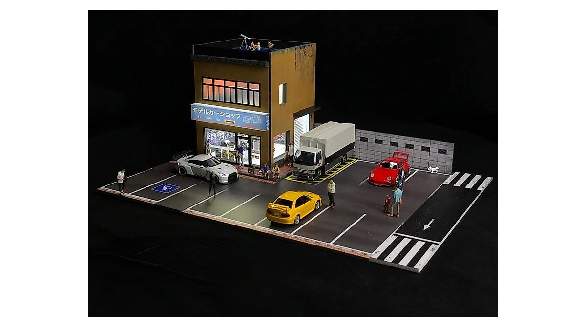 Diorama 1/64 Car Garage Model with LED Lighting and Customizable Backdrop