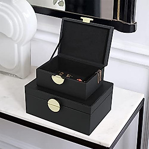 HofferRuffer Faux Leather Jewelry Boxes, Decorative Boxes Storage Accessory Organizer with Gold Hardware Decor, Classic Vegan Leather Set of 2 Pieces (Black)