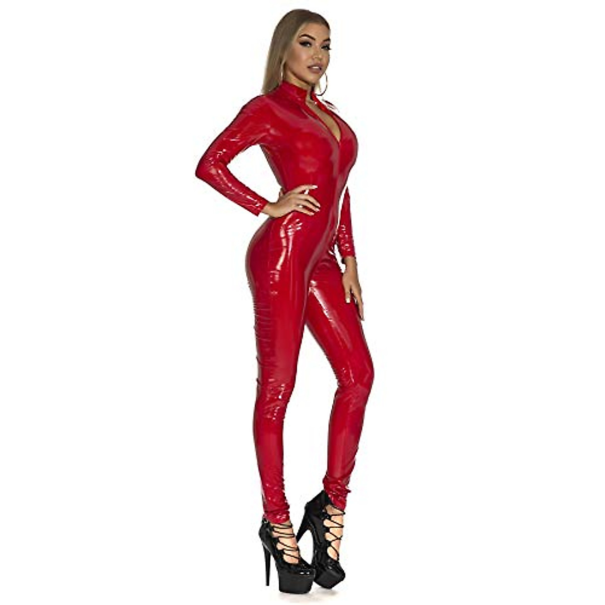 FEOYA Womens Wet Look Zipper Cat Suit Latex Catsuit Patent Leather Bodysuit Metallic Jumpsuit One Piece Party Clubwear Skinny Stretch Pvc Outfits Red, 2XL