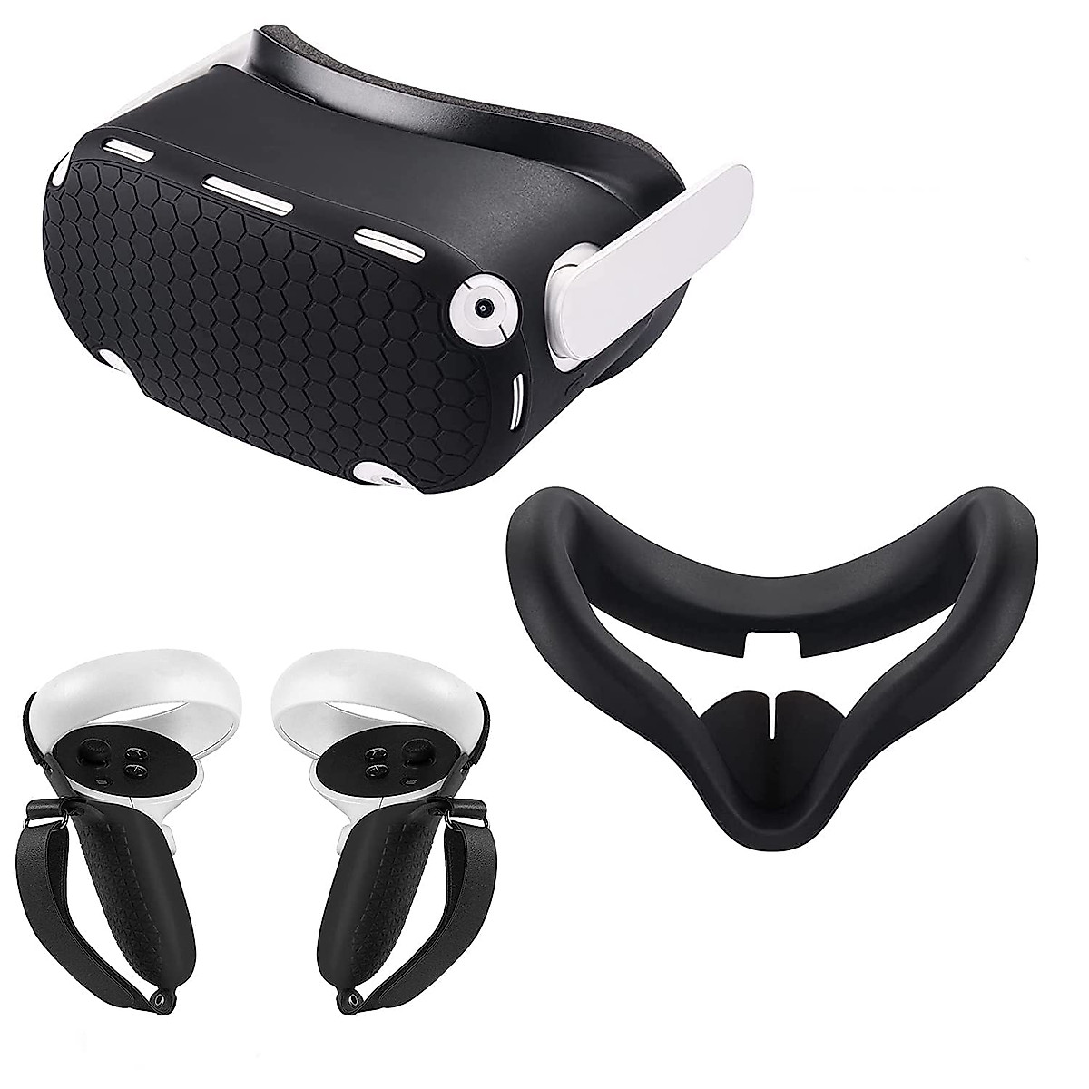 VR Front Face Silicone Protective Shell, Silicone Interfacial Cover, Touch Controller Grips Strap Cover Combination kit 3-in-1 for Meta/Oculus Quest 2 Accessories (Black)
