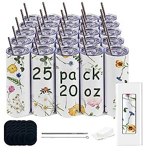 JKGTKC 25pack 20oz sublimation straight tumbler bluk double wall stainless steel vacuum cup with metal straw and silding lid for wholesale banks for DIY gift （white）