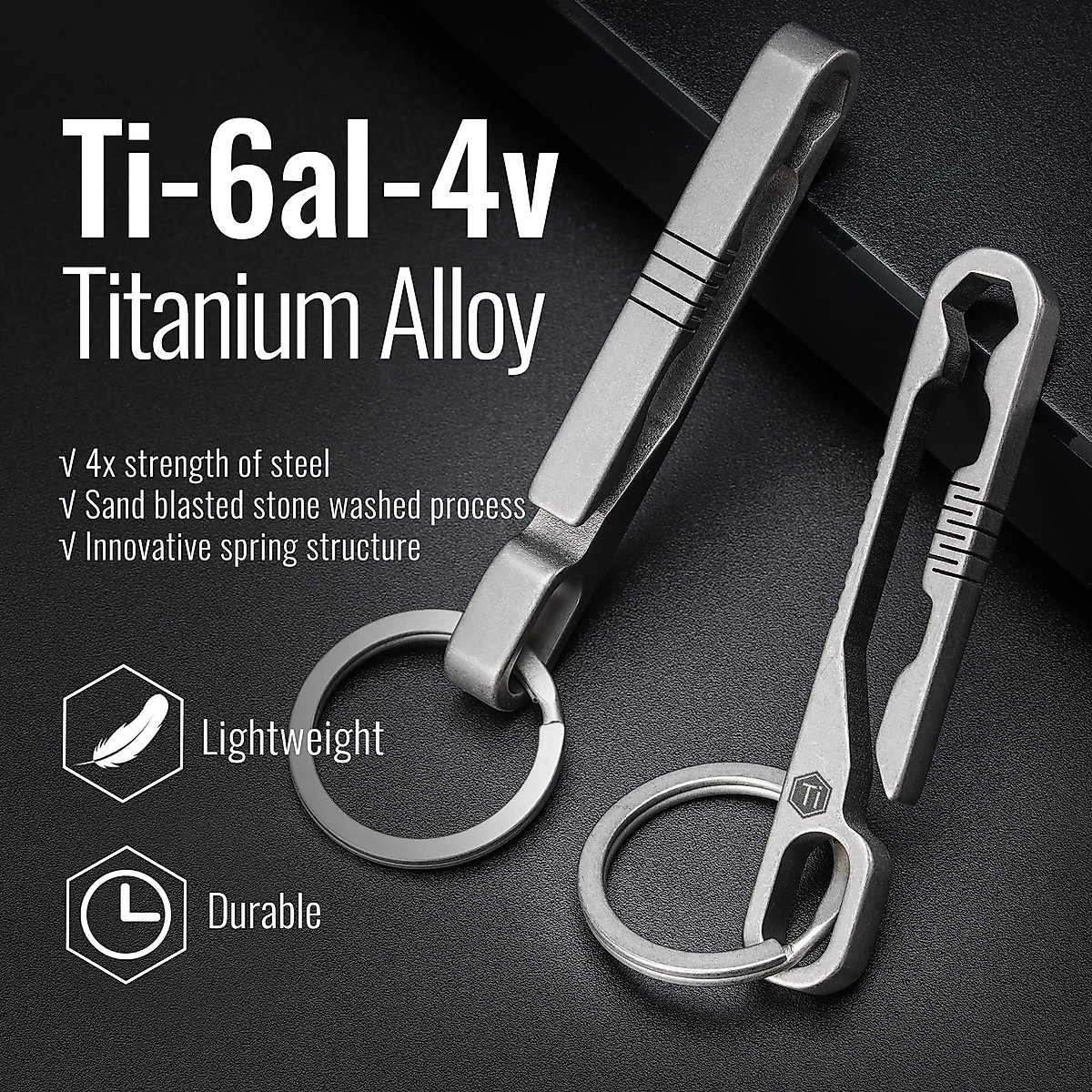 KeyUnity KM07 Titanium Keychain Pocket Clip, 2-in-1 Key Ring Holder for Belt with Hex Bit Driver, Portable Hanging Buckle for Men & Women Everyday Carry (Sandblasted)