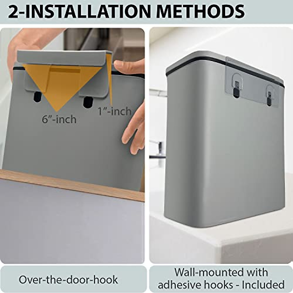 KSEV 2.6 Gallon Kitchen Hanging Trash Bin with Lid and Trash Bag Compartment, (2 Way Slide Open) Mountable Garbage Compost Can for Counter Top, Under Sink, Cabinet Door, Bathroom, RV, Pontoon (Gray)