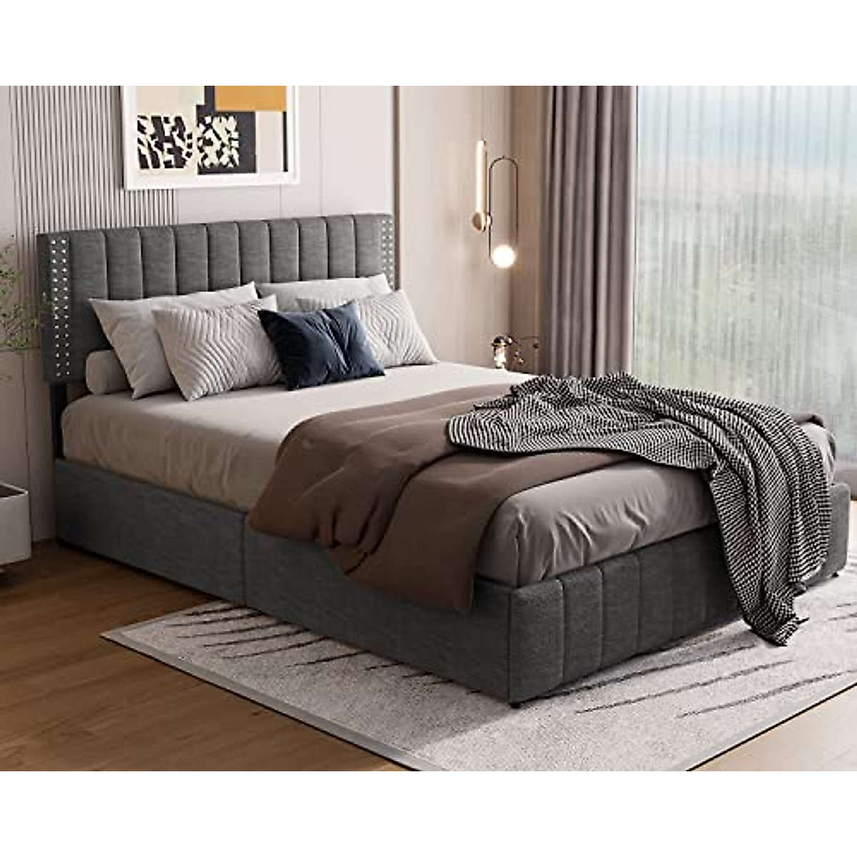 Gizoon Queen Bed Frame with 4 Storage Drawers, Upholstered Platform Bed with Headboard Adjustable, Fits 6” to 12” Mattress, No Box Spring Needed (Dark Grey)