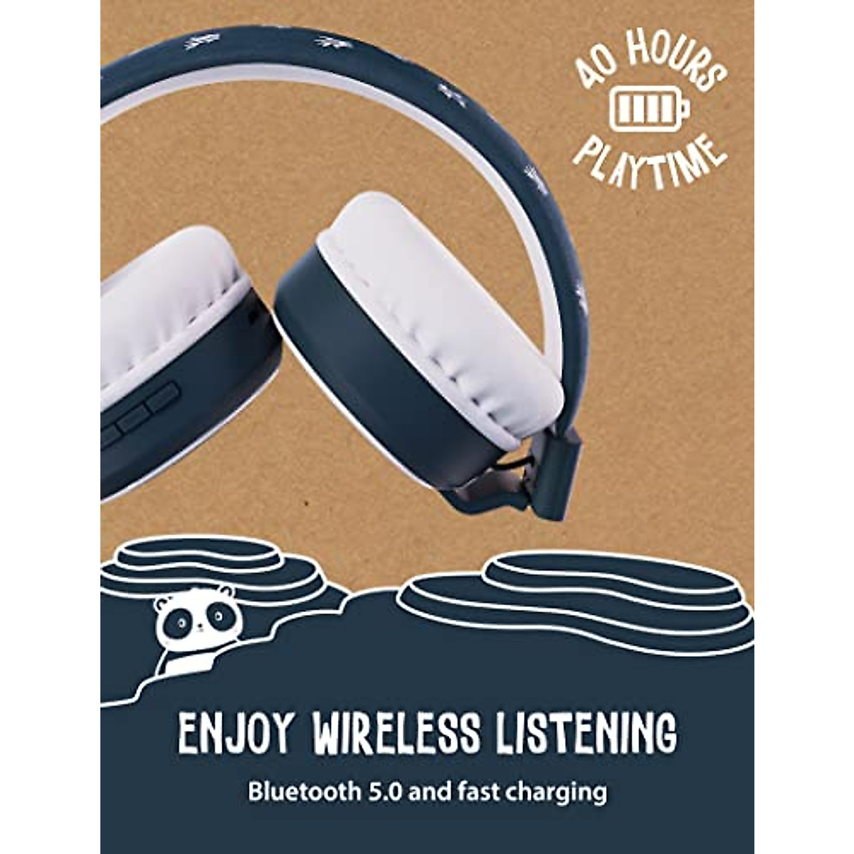 Planet Buddies Cute Panda On-Ear Bluetooth Headphones for Kids | Foldable Wireless Kids Headphones | Kids Headset with Microphone for Tablets and Phones | Child-Safe Volume for School, Music & Calls