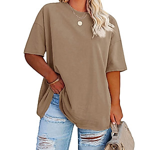 Fisoew Womens Plus Size T-Shirts Summer Oversized Half Sleeve Crew Neck Tunic Tops Tees Khaki