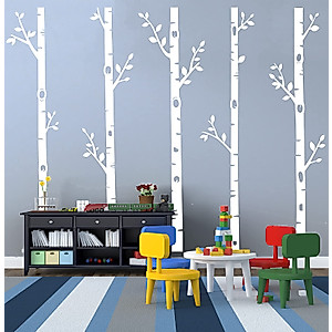 Giant Tree Wall Decals 5 Birch Tree Wall Stickers Woodland Wall Stickers for Baby Kids Nursery Bedroom Living Room Wall Decorations (100", White)