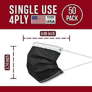 4-Ply Breathable Disposable Face Mask - Made in USA - Comfortable Elastic Ear Loop Multiple Colors (50, Black and White)