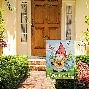 Hzppyz Welcome Spring Gnome Sunflower Wild Flower Garden Flag Double Sided, Red Polka Dots Hat Butterfly Floral Decorative House Yard Outdoor Small Decor, Summer Seasonal Home Outside Decoration 12x18