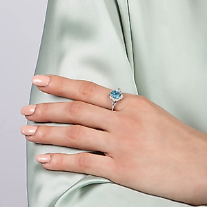 Jewelili Enchanted Disney Fine Jewelry Sterling Silver 1/5 Cttw Diamond and Swiss Blue Topaz Jasmine Ring Size 7