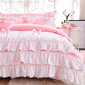 Lotus Karen Shaggy Chic Ruffle 3-Piece Duvet Cover Set- Soft Cotton Girls Bedding with Cute Bow-Knots-Sweet Pink Princess Bed Set Full Size(1Duvet Cover/2Pillowcases)