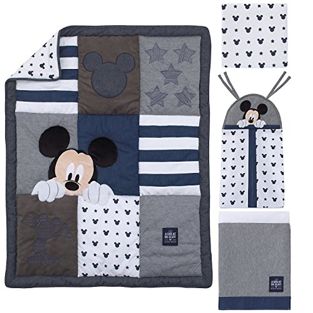 Disney Mickey Mouse 4 Piece Hello World Denim/Star/Icon Nursery Crib Bedding Set, Navy, Grey, White