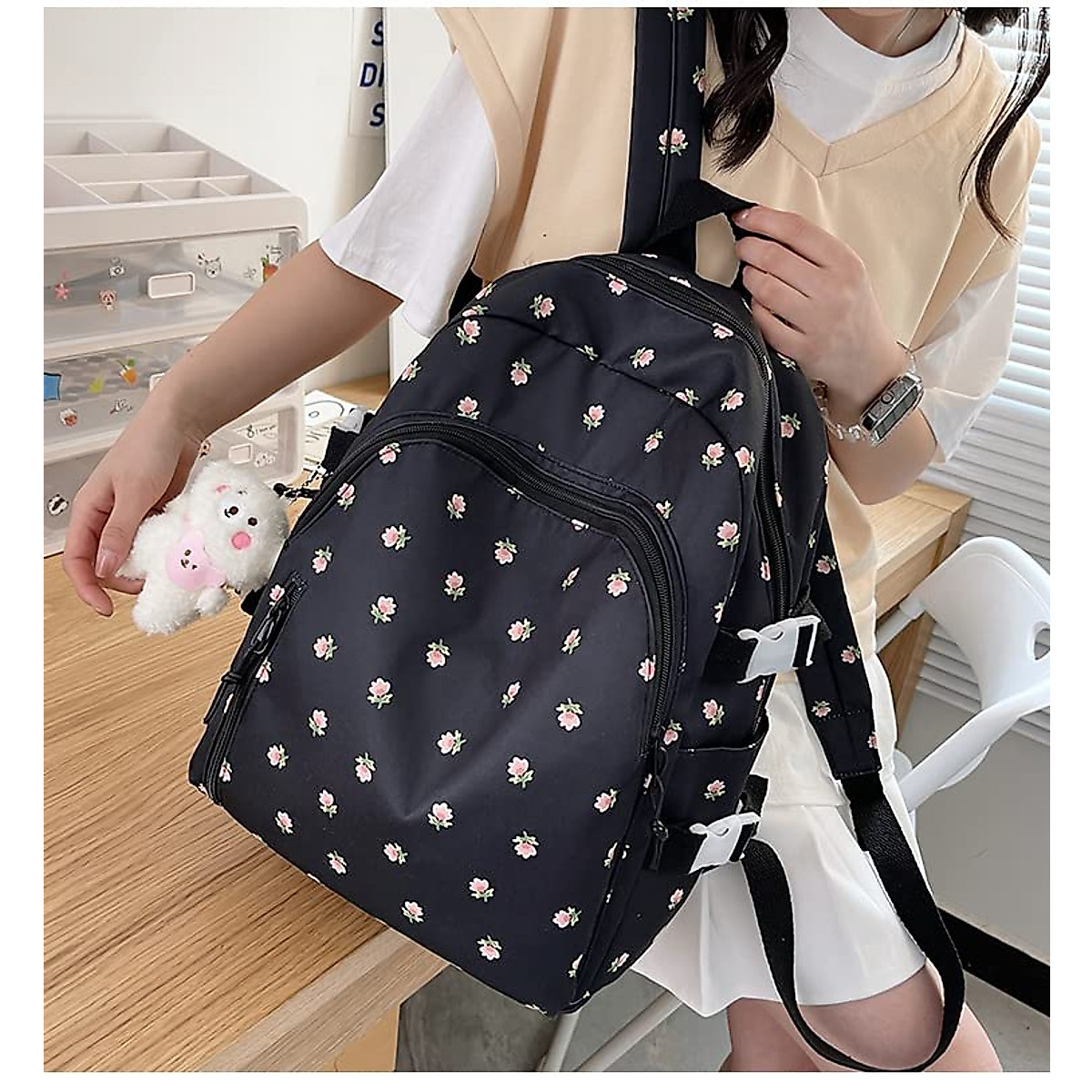 Floral Backpack with Kawaii Plush Puppy Pendant Accessories Cute Multi-Pockets Aesthetic Back to School Bookbag Laptop (Black)