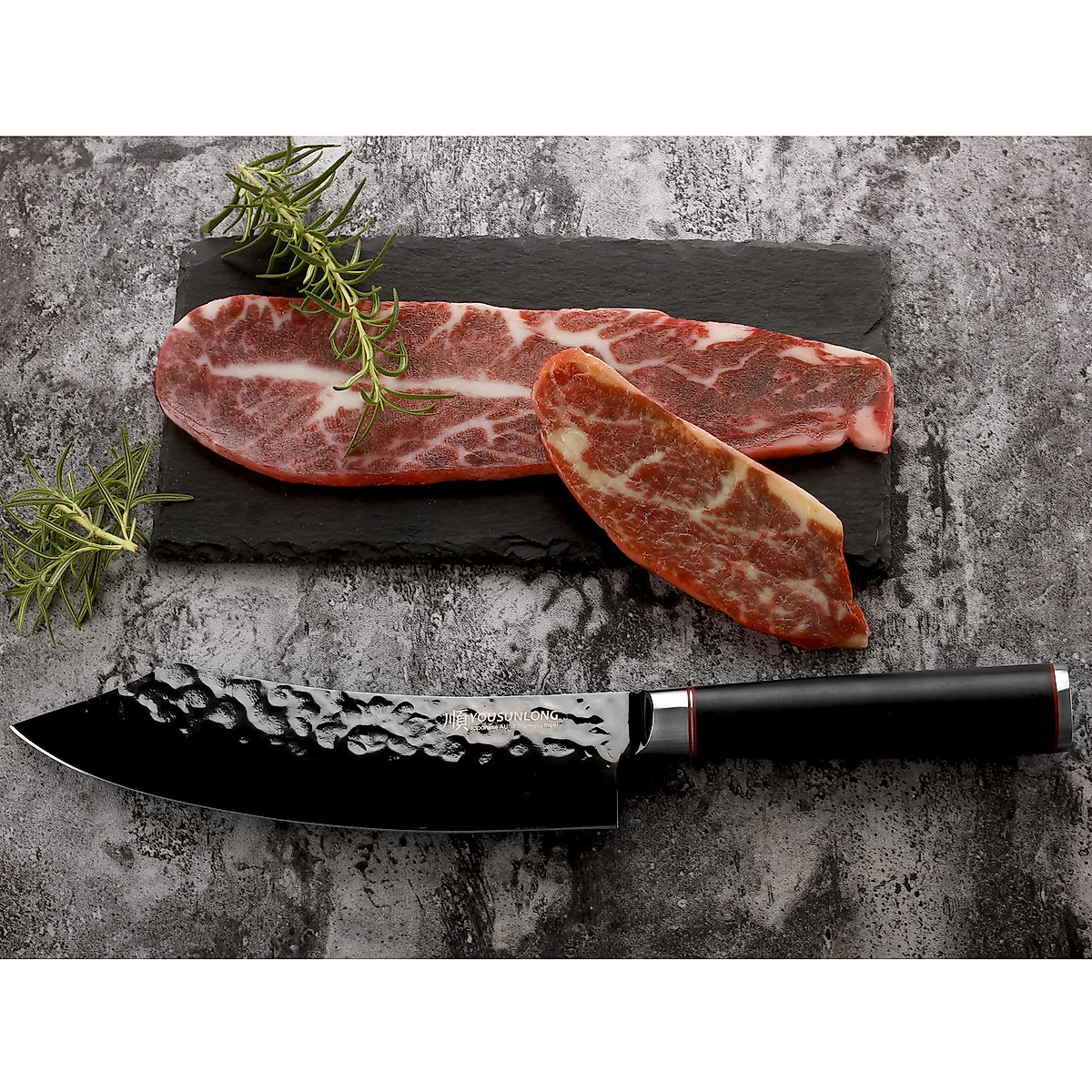 YOUSUNLONG Butcher Knife - 8 Inch Meat cleaver - Japanese AUS8 Black Titanium Nitride Coated Steel - Super Sharp - Natural Ebony Handle