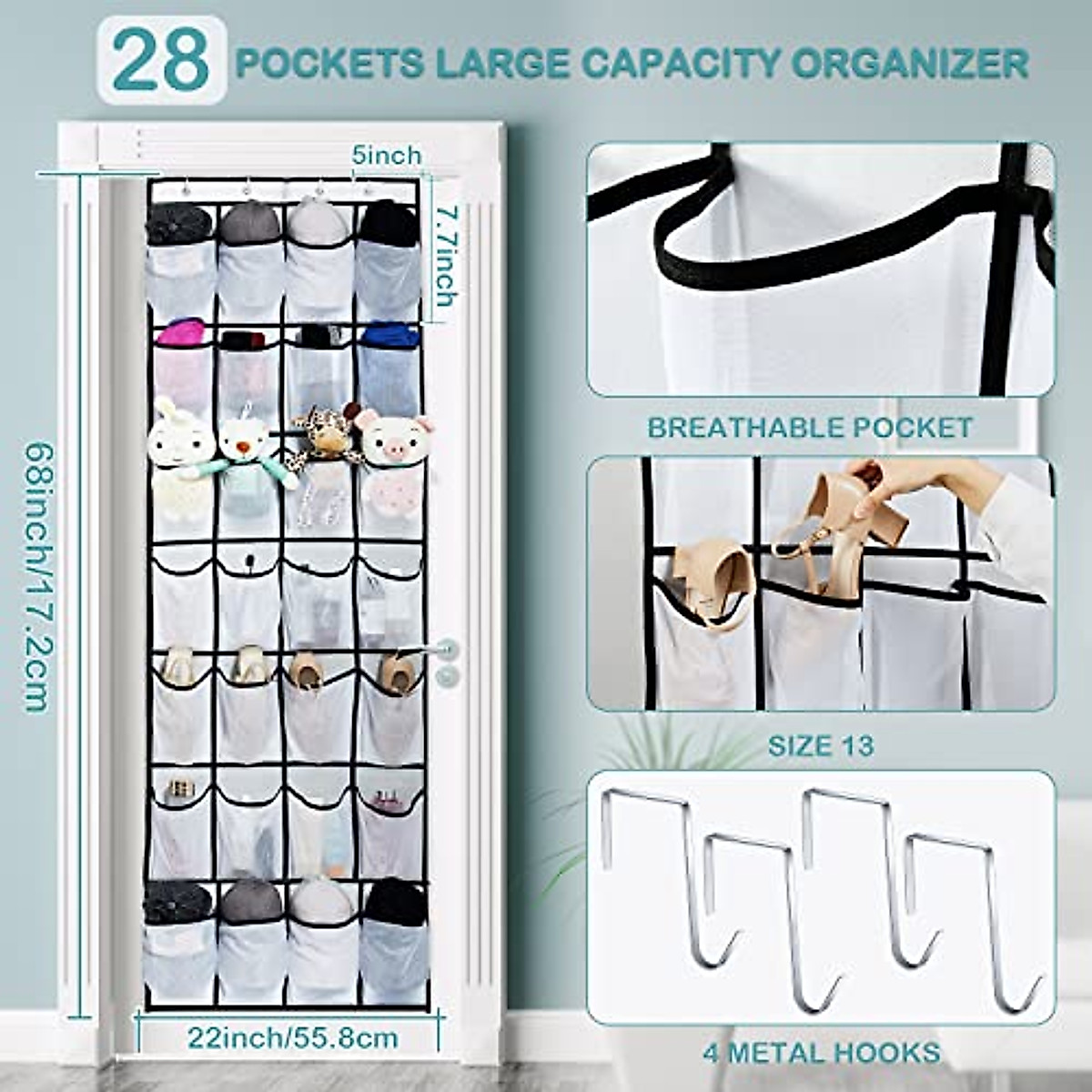 Shappy 4 Pack Over The Door Shoe Organizer 28 Large Mesh Pockets Shoe Rack Over Door Hanging Shoe Rack Organizer Holder Door Shoe Rack Hanging for Closet with 16 Metal Hooks for Men Women Kids, White