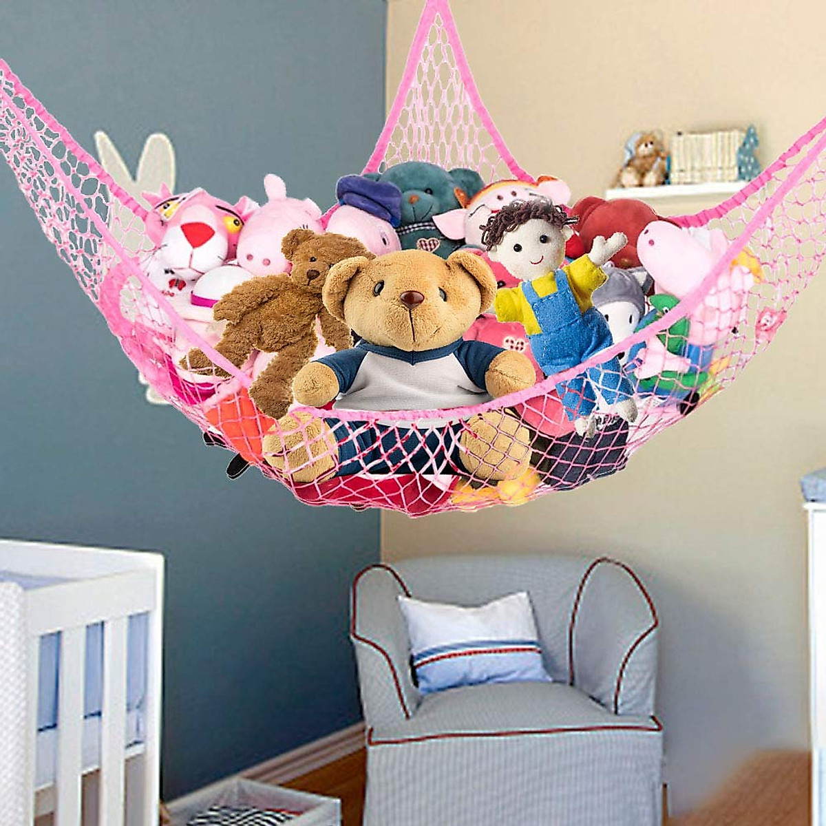 Toy Storage Hammock Net Wall Sling Corner Mesh Nets Stuffed Animal Organizer Storage Net Best for Keeping Rooms Clean for Kids Toys Toy is Durable and Easy to Install Pink