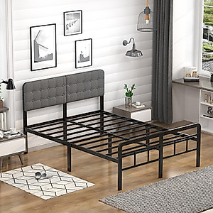 EMODA 16 Inch California King Bed Frames with Upholstered Headboard and Metal Footboard, Heavy Duty Metal Slats Support Mattress Foundation, No Box Spring Needed, Easy Assembly