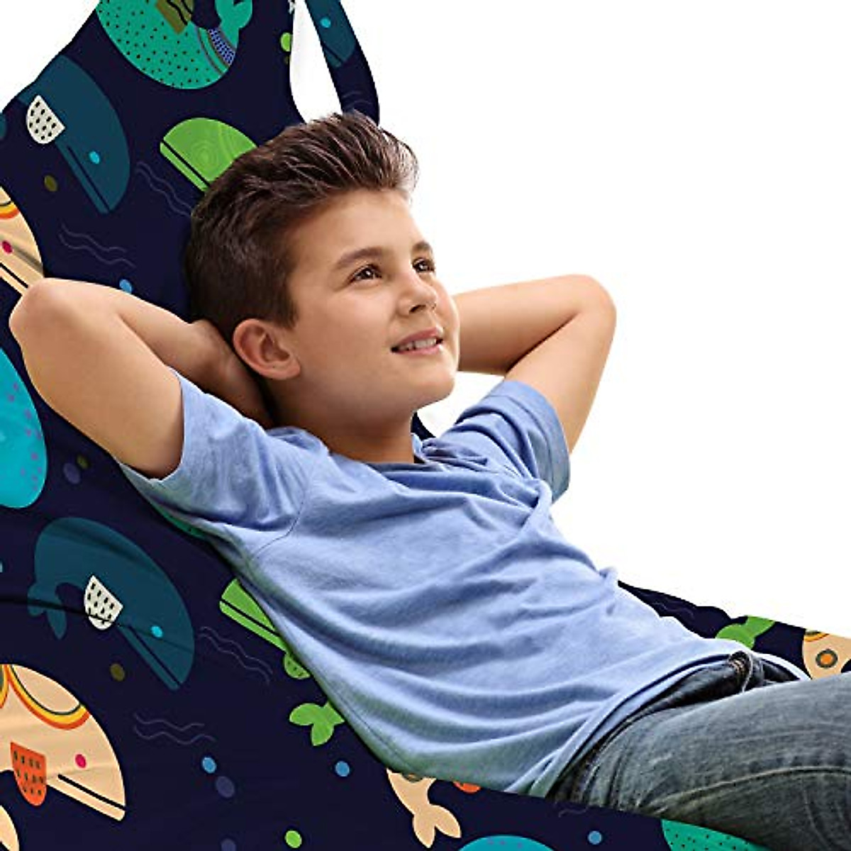 Lunarable Whale Lounger Chair Bag, Underwater Theme with Giant Fishes in Creative Marine Ocean Wave Print, High Capacity Storage with Handle Container, Lounger Size, Multicolor