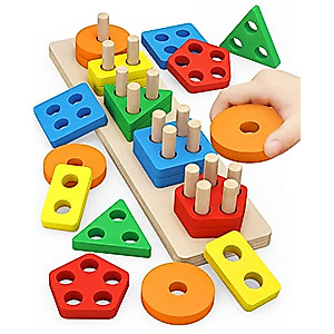 Montessori Toys for 1 to 3-Year-Old Boys Girls Toddlers, Wooden Sorting & Stacking Toys for Toddlers and Kids Preschool, Educational Toys, Color Recognition Stacker Shape Sorter, Learning Puzzles Gift