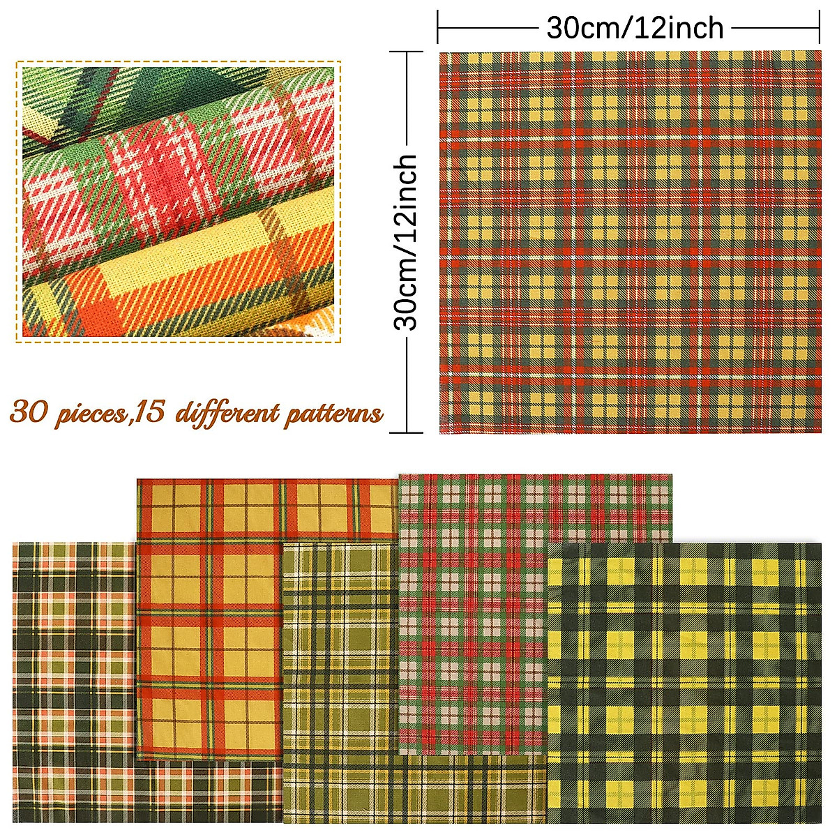 Whaline 30Pcs Cotton Autumn Fat Quarters Fabric 15 Design Fall Spice Plaids Fabric Squares 12 x 12 Inch Quilting Fabric Patchwork Precut Quilt Charm Squares for Harvest Thanksgiving DIY Crafts Sewing