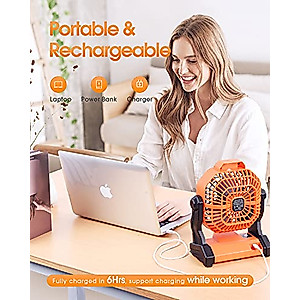 Drchop Portable Fan Rechargeable, 10400mAh Battery Operated Powered Fan, Outdoor Camping Fan with Light & Hook, Personal USB Desk Fan, for Bedroom, Table, Home, Office, Tent, Travel (Classic Orange)