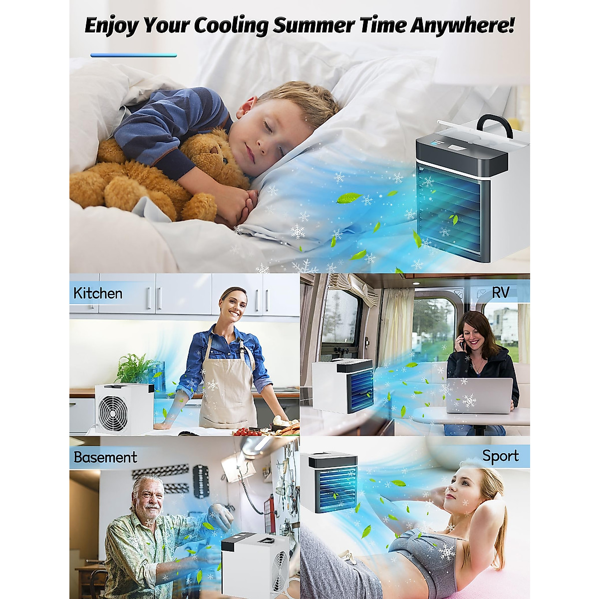 Portable Air Conditioner, Mini Personal Ice Fan with 3 Speeds, Small Anti-leakage Water Ice Cooling Air Cooler for Room Bedroom Office Home Tent (F-08)