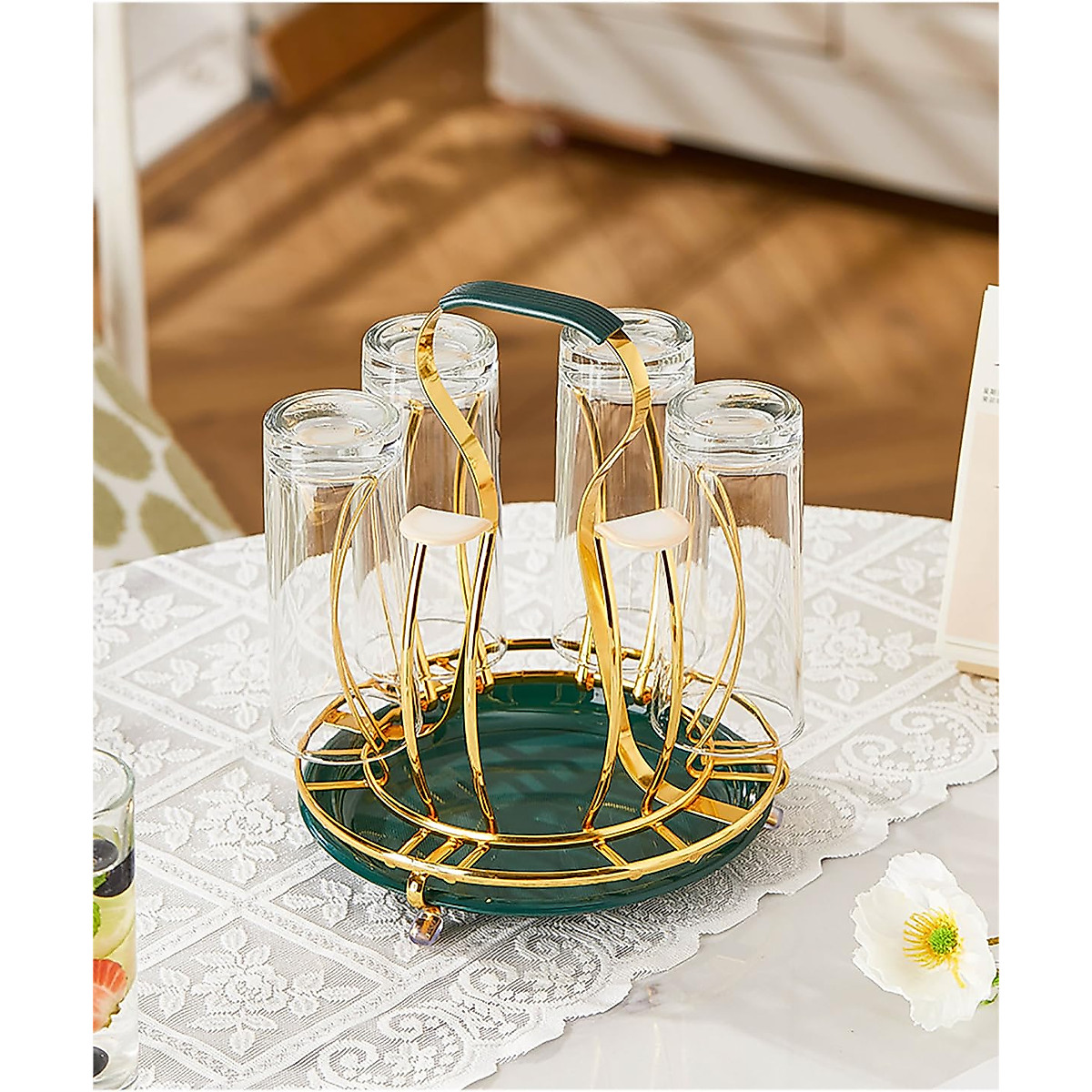 Alunsito Cup Drying Rack Beer Glasses Stand 6 Mugs Metal Drainer Holder Non-Slip Mugs Organizer with Handle for Sink, Coffee Table, Outdoor