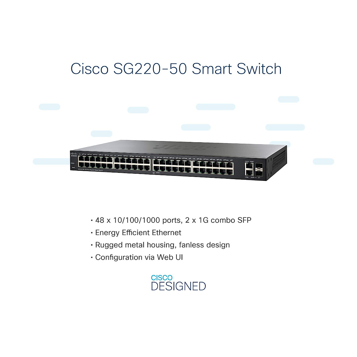 Cisco SG220-50 Smart Switch | 50 Gigabit Ethernet (GbE) Ports | 2 Gigabit Ethernet Combo Mini-GBIC SFP | Limited Lifetime Protection (SG220-50-K9-NA)