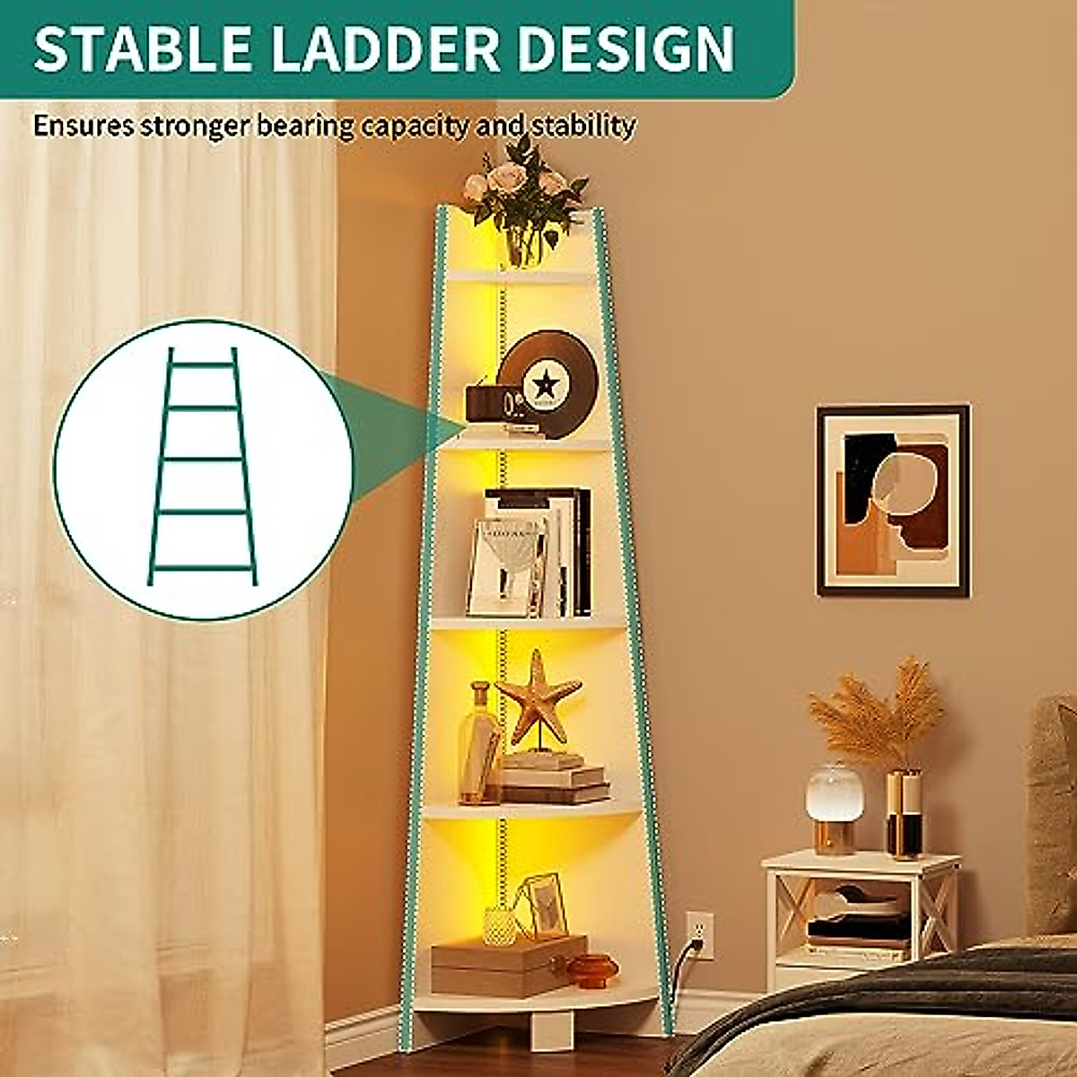 YITAHOME Corner Shelf Stand with Led Light, 70.9" Ladder Corner Bookshelf, Modern 5 Tier Corner Bookcase, Wooden Open Display Shelving Storage Rack for Bedroom, Living Room, Home Office, White