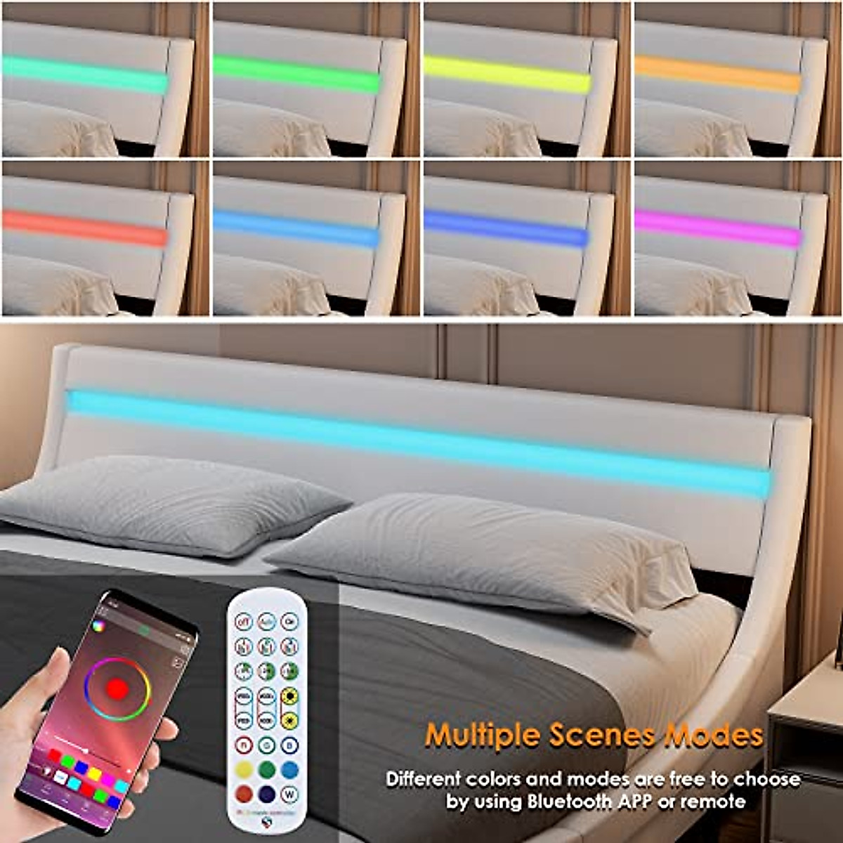 Keyluv Modern Upholstered Platform Bed Frame with LED Lights Headboard, Faux Leather Wave-Like Platform Bed Frame,Strong Wood Slats Support, Easy Assembly, Queen, White