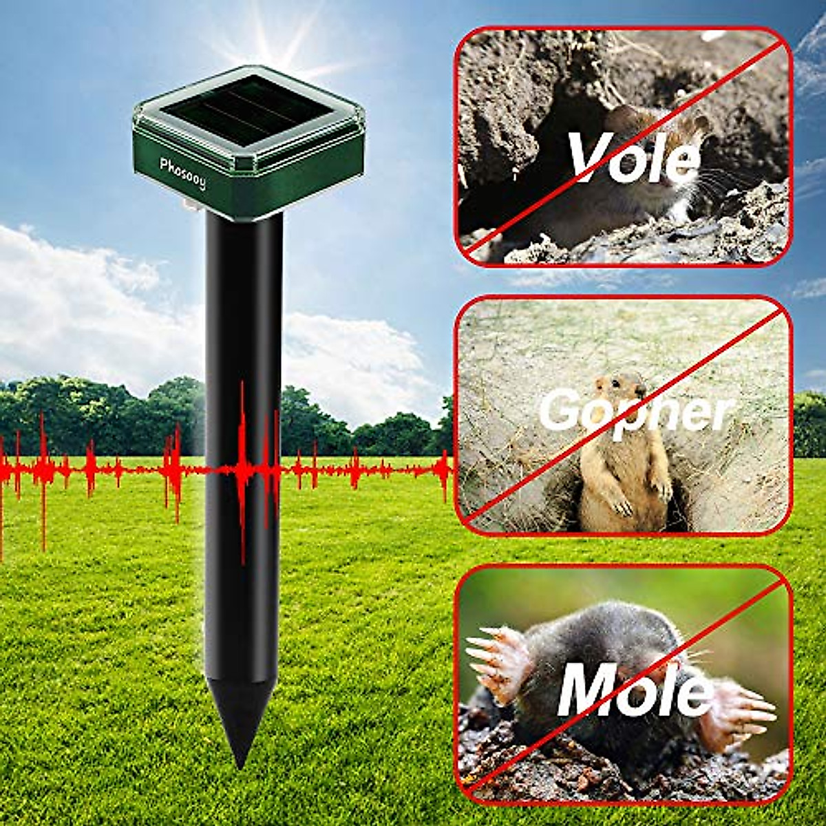 Phosooy Solar Mole Repellent Stakes, 4 Pack Solar Powered Ultrasonic Gopher Deterrent Spikes, Waterproof Solar Rodent Voles Gopher Chipmunk Repellent for Lawn, Garden, Farm Outdoor Use (4)