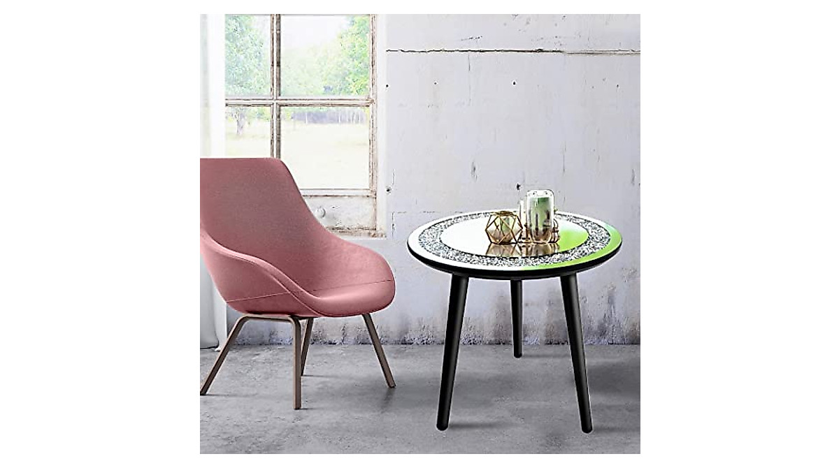 Stylish Mirrored End Table - Glam Silver Crystal Side Table 16"