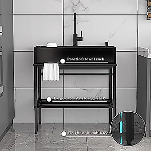 HM&DX Utility Sink with Cabinet,Black Commercial Sink,freestanding Stainless Steel Sinks,Single Bowl Kitchen Sink with Faucet and Shelves,Hand Washing Station Basin for Garage Kitchen Laundry Room