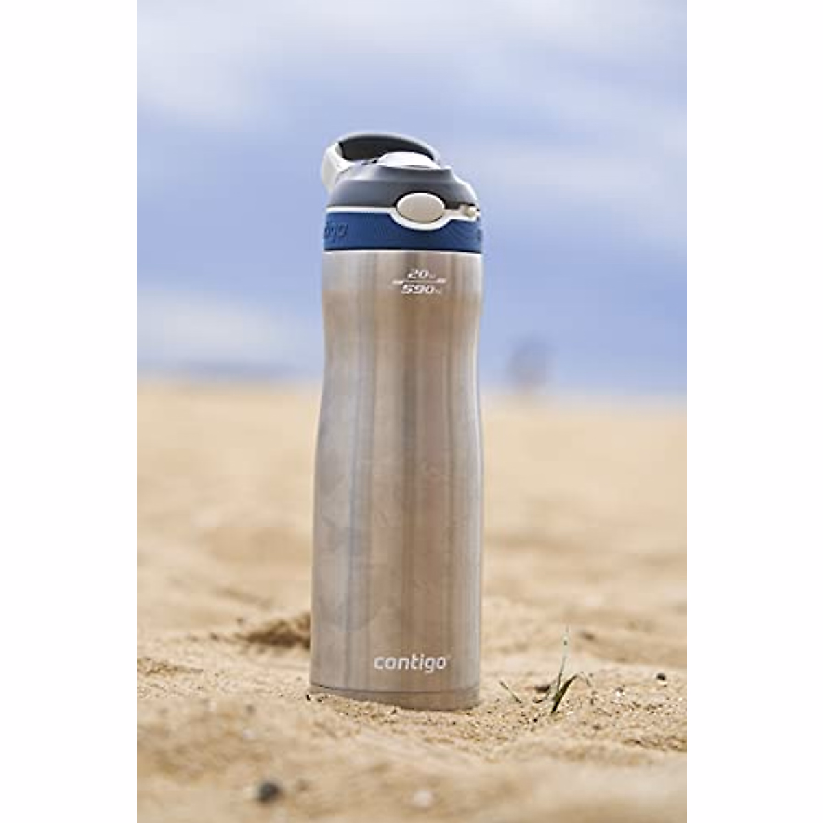 Contigo Ashland Chill Autospout Water Bottle with Flip Straw, Stainless Steel Thermal Drinking Bottle,Leakproof,Grey, BLue, 590 ml