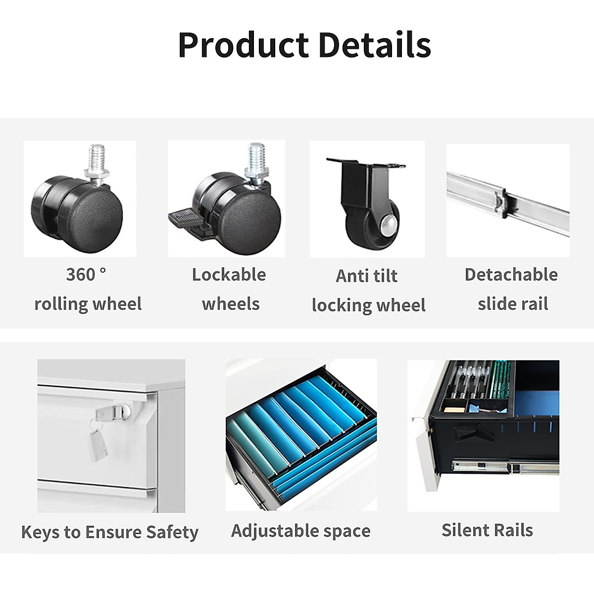 Sanoolir 3-Drawer Mobile File Cabinets Rolling, Vertical Metal Filing Cabinet for Legal & Letter File Anti-tilt Design with Lock Under Desk Office Drawers Fully Assembled (White)