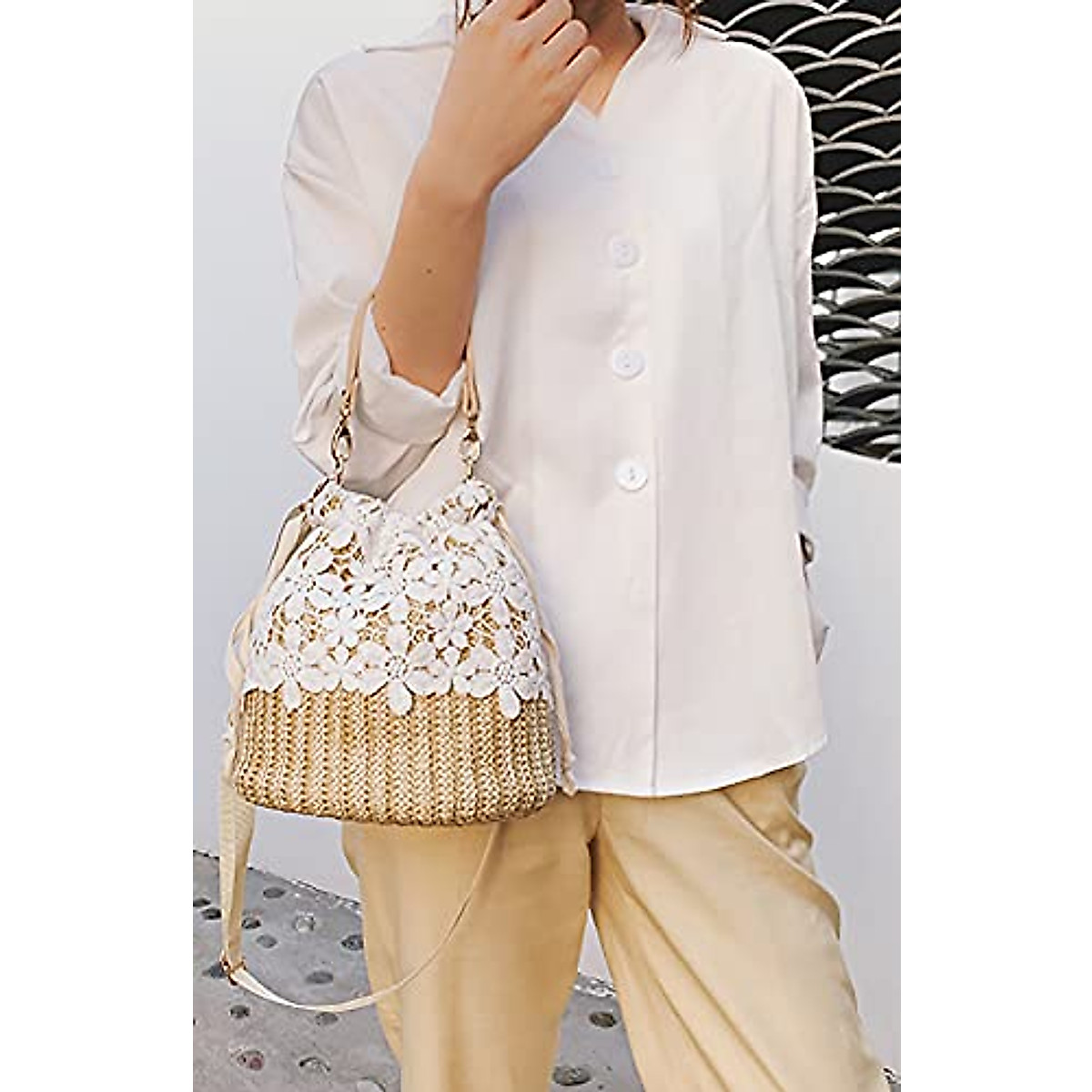 Straw Bags for Women Hand-woven Bucket Straw Bag Small Straw Tote Summer Beach bag