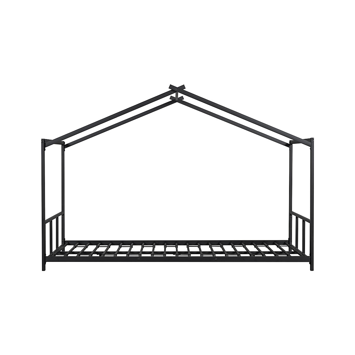 PVWIIK Twin Size Montessori Toddler Floor Bed with Headboards and Footboards, Metal House-Shaped Bed Frame with Soundproof Strip for Girls and Boys, Kids Playroom, No Box Spring Needed (Black)