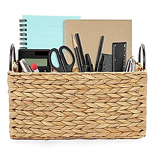 Americanflat Water Hyacinth Basket with Handles - Multipurpose Storage Organizer Caddy - 1 Large and 3 Small Compartments (Natural Color)