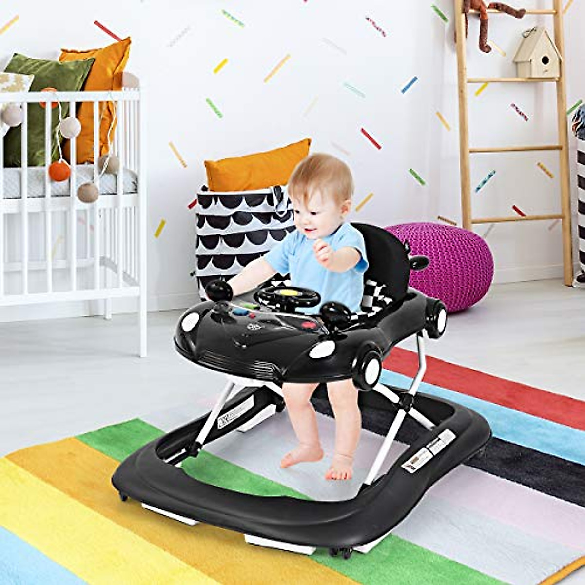 BABY JOY Baby Walker, Activity Walker with Adjustable Height & Lights, Music, Steering Wheel, Mirrors, Removable Tray to Food Tray, High Back Padded Seat, Compact Folding Design (Black)