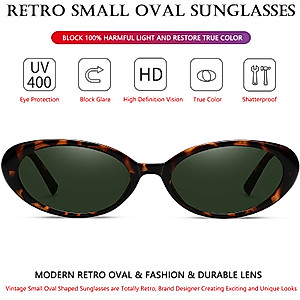 AIEYEZO Retro Oval Sunglasses for Women Fashion Small Oval Frame Sun Glasses 90s Vintage Style Shades (Black + Leopard/Green)