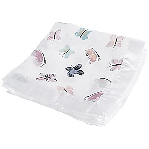 lulujo Baby Security Lovey Blankets| Unisex Softest Breathable Cotton Muslin Security Blanket with Silky Satin Trim| 16in by 16 in| Butterfly, 2 Count