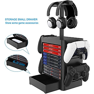 Wedorat Xbox Series X/PS5/Switch Multifunctional Game Disk Storage Tower Holder for PS5 Console, Game Disk Rack and Controller/Headset Stand Holder Compatible with Xbox Series X/Switch/PS5 Black