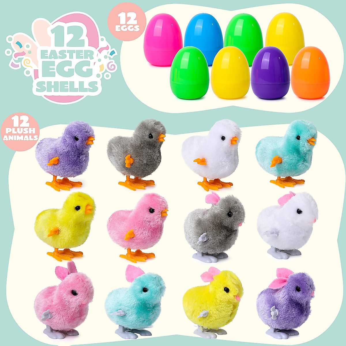 JOYIN 12 Pcs Easter Eggs Filled with Wind-up Toys, Colorful Egg Wind-Up Jumping Chicks and Bunnies for Kids Basket Stuffer, Hunt, Party Favors, Classroom Prize