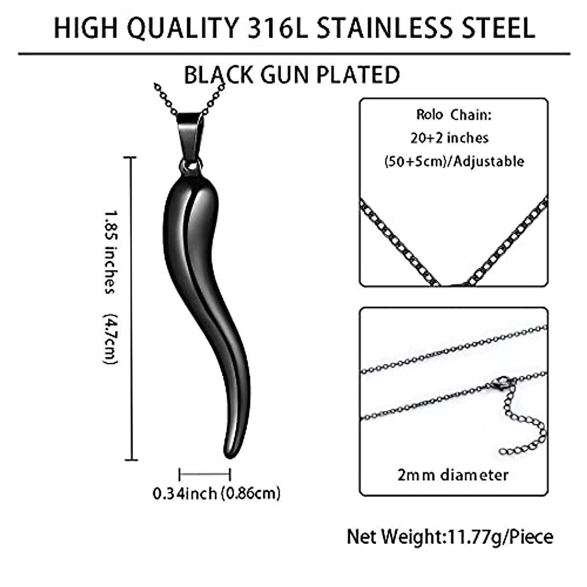 Hipunk Italian Horn Necklace Women Men - Lucky Cornicello Talisman Pendant 316L Stainless Steel Black Gun Plated Protection Amulet Chili Pepper Jewelry SP0064B