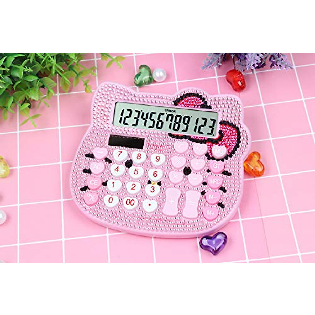 Cute Calculator Cat Crystal Calculator Girl and Women Pink Calculator Large LCD Display Dual Drive by Solar Energy and Battery for School Office Home(5.5Inch *4.9Inch)