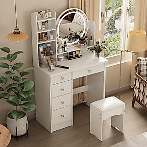 MOUMON Vanity Desk Vanity Mirror Makeup Desk with Lights, Vanity Desk with Mirror and Lights, Makeup Vanity with Drawers and Shelves, Crystal Handles, Cushion Stool, White