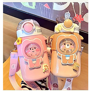 Kawaii Bear Straw Water Bottle with Shoulder Strap, Leak-proof Stainless Steel Vacuum BPA free Cute Insulated Water Bottles and Kawaii Stickers for Girls School Office(Pink)